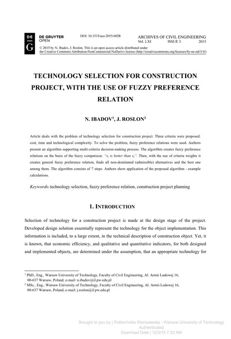 Pdf Technology Selection For Construction Project With The Use Of Fuzzy Preference Relation