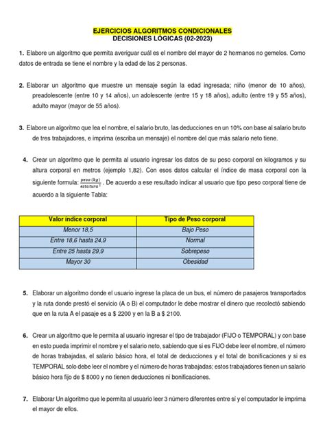 Taller Algoritmos Condicionales 02 2023 Pdf Salario Índice De