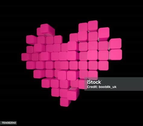 블록 큐브 검은 배경에 고립으로 구성 된 핑크 하트의 3d 모델 픽셀 또는 복 셀 아트 3차원 형태에 대한 스톡 사진 및 기타 이미지 3차원 형태 개념 개념과 주제