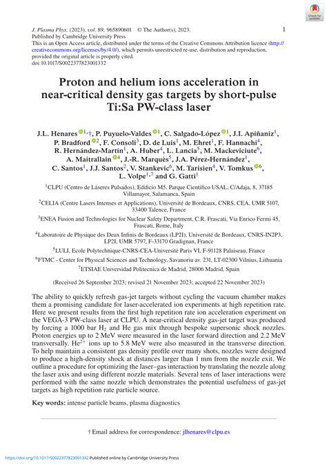 Pdf Proton And Helium Ions Acceleration In Near Critical Density Gas Targets By Short Pulse Ti