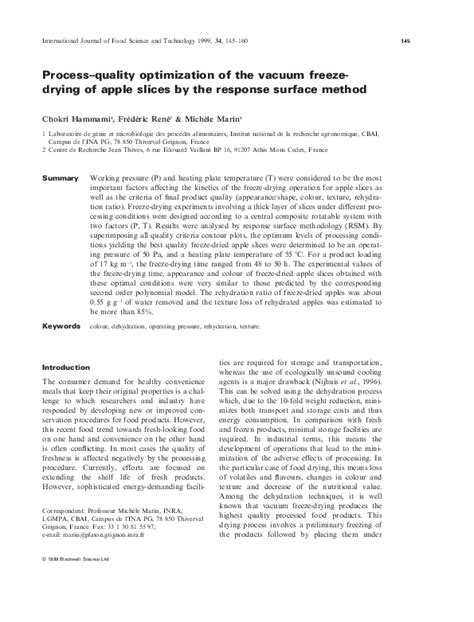 Pdf Processquality Optimization Of The Vacuum Freeze‐drying Of Apple Slices By The Response