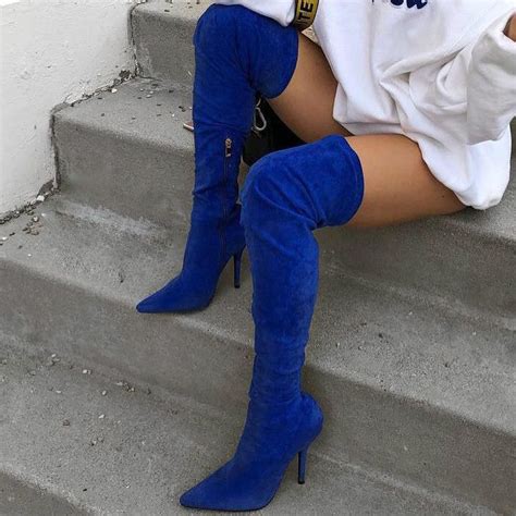 Blue Thigh High Heel Boots Thigh High Heels Outfit High Heel Boots Shoes Heels Boots Heeled