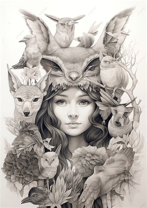 A Black And White Drawing Of A Girl With Deer Fox And Owl Background