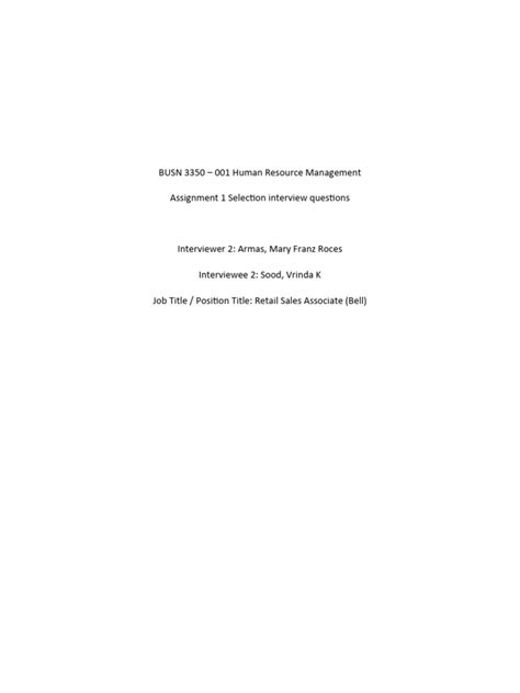 Assignment 1 Selection Interview Questions Pdf Retail Sales