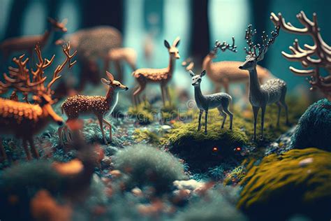 Tilt Shift Effect Fantasy Forest With Cute Little Deers Miniature