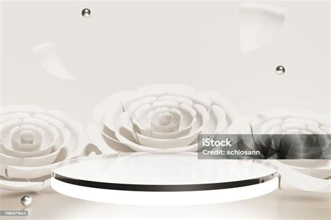 베이지 색 배경에 비행 구체와 유리 조명 연단상 상아 꽃의 3d 렌더링 3차원 형태에 대한 스톡 사진 및 기타 이미지 3차원 형태 Led 조명 구 Istock