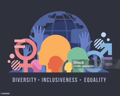 포용성 다양성 추상적인 현대와 평등 개념 다양한 사람들은 머리입니다 성별 기호와 등호 지구 배경 벡터 디자인에 똑같이 제기된 손