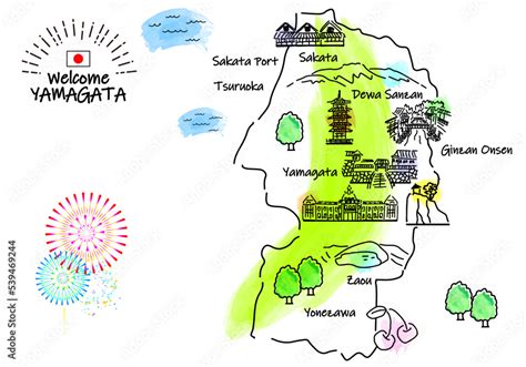 山形県の観光地のシンプル線画イラストマップ Vector De Stock Adobe Stock