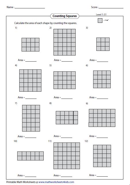 Counting Squares To Find Area Worksheets