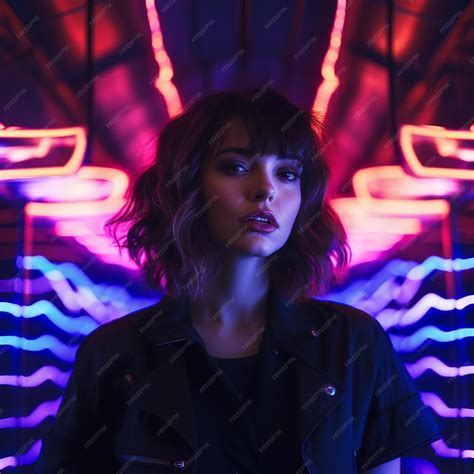 Premium Photo Portrait Of A Pretty Young Woman In Neon Lights With Dark