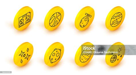 세트 라인 공간과 행성 행성 화성 Ufo는 소를 납치 지구 궤도 위성 떨어지는 별과 밤 하늘 아이콘의 천체지도 벡터 3차원 형태에 대한 스톡 벡터 아트 및 기타 이미지