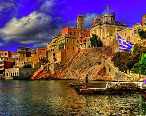 배경 화면 그리스 도시 강 부두 깃발 주택 3840x2160 Uhd 4k 그림 이미지