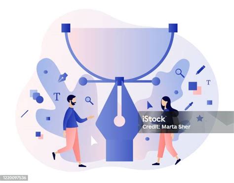 그래픽 디자인 스튜디오 큰 펜을 가진 작은 디자이너 일러스트레이터 또는 벡터 아티스트 디자이너 도구 현대 평면 만화 스타일입니다