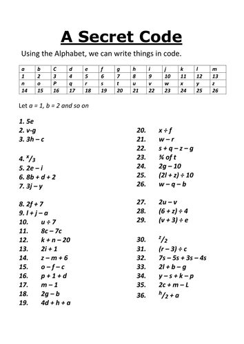 A Secret Code Using Algebra Teaching Resources