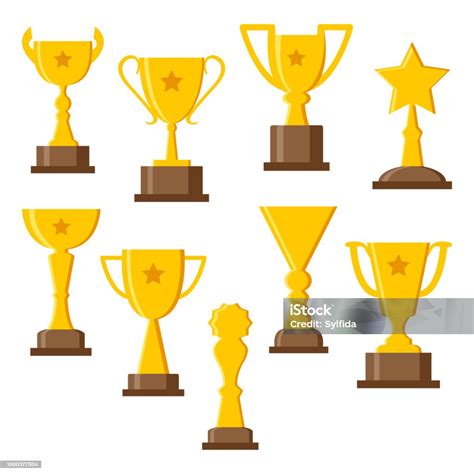 골든 컵 상을의 설정 벡터 일러스트 레이 션 트로피에 대한 스톡 벡터 아트 및 기타 이미지 트로피 1위 Championship Istock