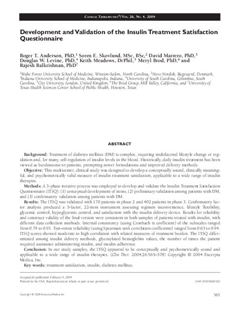 Pdf Development And Validation Of The Insulin Treatment Satisfaction Questionnaire Frank