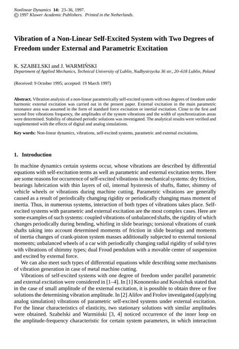 Pdf Vibration Of A Non Linear Self Excited System With Two Degrees Of