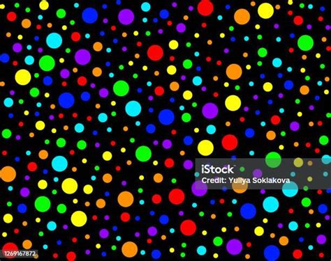 다채로운 벡터 배경 인사말 카드에 대한 매끄러운 패턴 검은 색에 무지개 직물에 대한 밝은 점선 인쇄 색상은 크기가 다릅니다 새해 파티를위한 작고 큰 색종이 불꽃놀이 오락