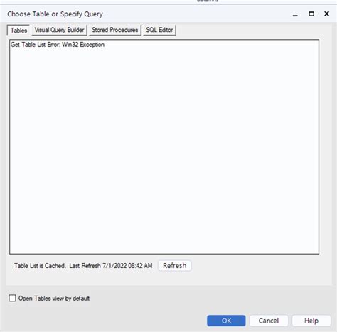 Error “get Table List Error Win32 Exception
