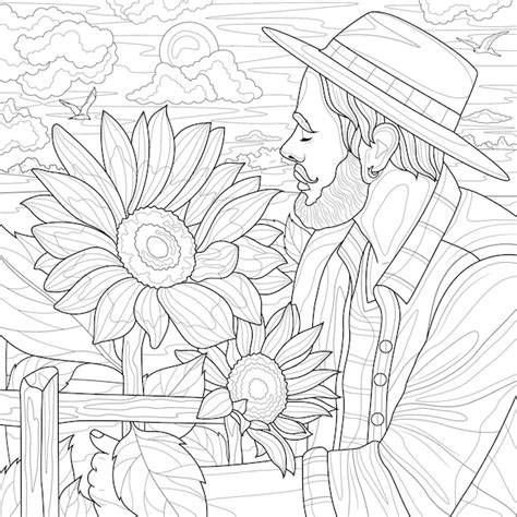 모자와 해바라기에 남자 색칠 공부 책 안티 스트레스 어린이와 성인 그림 흰색 배경에 고립 Zentangle 스타일 손 그리기 프리미엄 벡터