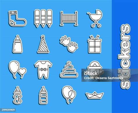 세트 라인 접힌 종이 보트 아기 병 선물 상자 유아용 침대 요람 침대 파티 모자 양말 옷 및 손 인쇄 아이콘 벡터 건강한 생활방식에 대한 스톡 벡터 아트 및 기타 이미지