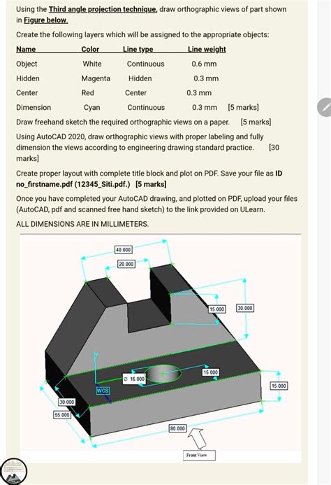 Using The Third Angle Projection Technique Draw Orthographic Views Of Part Shown In Figure