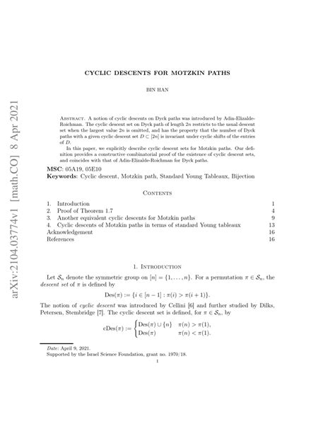 pdf cyclic descents for motzkin paths