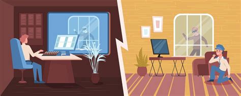 범죄자를 추적하는 보안 요원의 캐릭터가 있는 방의 실내 전망을 갖춘 도둑 경찰 평면 구성 무료 벡터