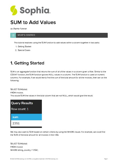 Sum To Add Values Relational Database SUM To Add Values By Sophia Tutorial This Tutorial
