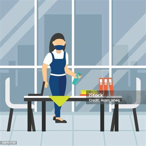 작업 공간 개념 소독 책상 및 의자 벡터 아이콘 디자인 산업 청소 서비스 기호 사무실 및 거리 관리인 표지판 유지 보수 기기 및