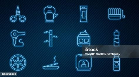 세트 라인 크림 또는 로션 화장품 튜브 물 병 샴푸 잎 헤어 드라이어 가위 및 주전자 손잡이 아이콘이있는 대나무 줄기 벡터 가위에 대한 스톡 벡터 아트 및 기타 이미지