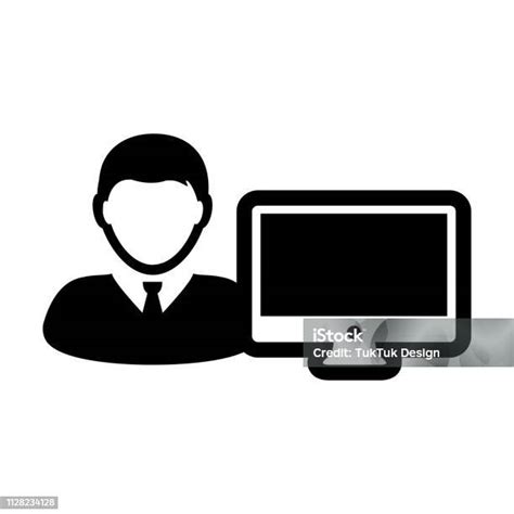 고객 아이콘 벡터 남성 사람 사용자 컴퓨터 모니터 화면 아바타 문양 그림 기호에서 평면 색상 검은색에 대한 스톡 벡터 아트 및