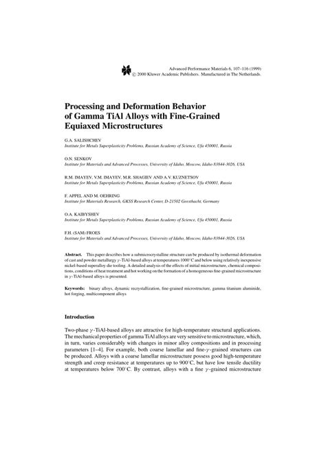 Pdf Processing And Deformation Behavior Of Gamma Tial Alloys With Fine Grained Equiaxed
