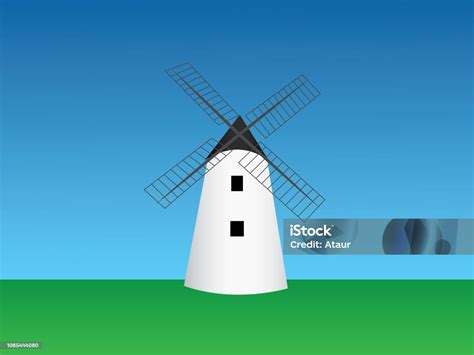 오픈 그린 필드와 밀 그레인 그림 푸른 하늘에 멋진 전통 풍차 집 벡터 0명에 대한 스톡 벡터 아트 및 기타 이미지 0명 건축 건축물 Istock