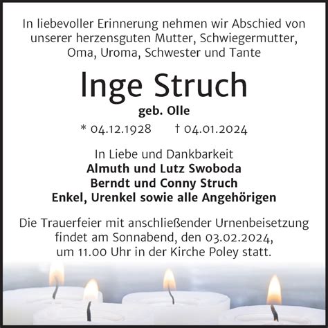 Traueranzeigen Von Inge Struch Abschied Nehmen De