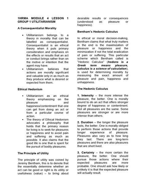 1hrma Module 4 Lesson 1 Group 1 Utilitarianism Pdf Pleasure Utilitarianism