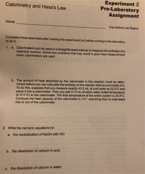 Experiment Pre Laboratory Assignment Calorimetry Chegg