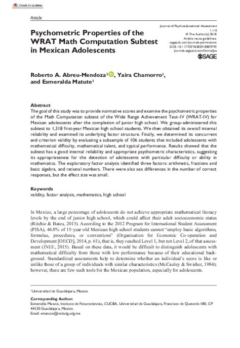 Pdf Psychometric Properties Of The Wrat Math Computation Subtest In Mexican Adolescents