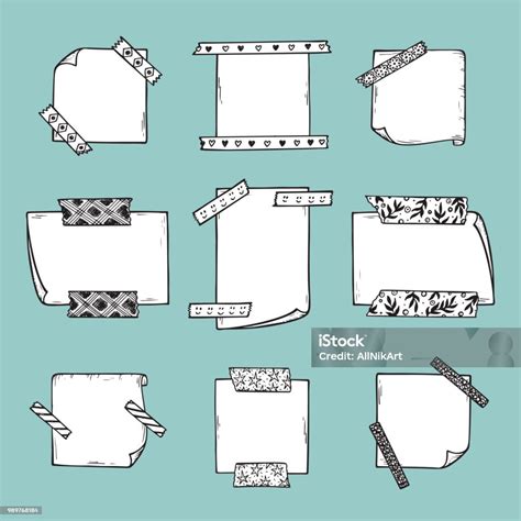 스트립의 마스킹 테이프 고 종이 설정 합니다 종이와 손으로 그린 낙서 스티커 테이프입니다 스카치 접착 테이프 컬렉션 꽃무늬 벡터 일러스트 레이 션 Washi Paper에