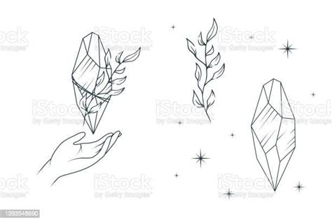 마법의 크리스탈과 나뭇 가지를 들고있는 천상의 손 손으로 그린 신비로운 고립 세트 요술과 문신을위한 벡터 일러스트레이션 개체 그룹에 대한 스톡 벡터 아트 및 기타 이미지