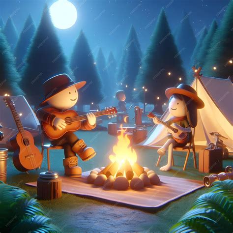 Outdoor Forest Camping Animation Featuring Campfire Tents And Guitar
