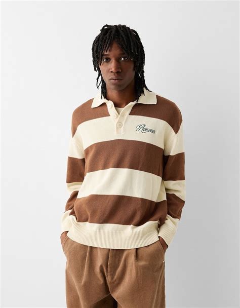 Polo Collar Embroidered Striped Sweater Available In Brown Striped