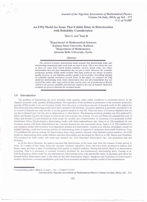 Pdf An Epq Model For Items That Exhibit Delay In Deterioration With Reliability Consideration