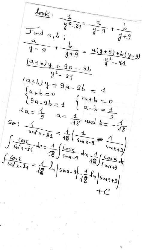 use the table of integrals to solve integral: cos(x)/ sin^2-81 dx - brainly.com