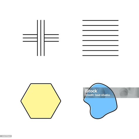 기하학적 그림 색상 아이콘 세트입니다 교차 줄무늬 검정 잉크 스트로크 평행선 플랫 솔리드 육각형 채워진 유체 추상 모양입니다 아이소메트릭 양식입니다 격리된 벡터