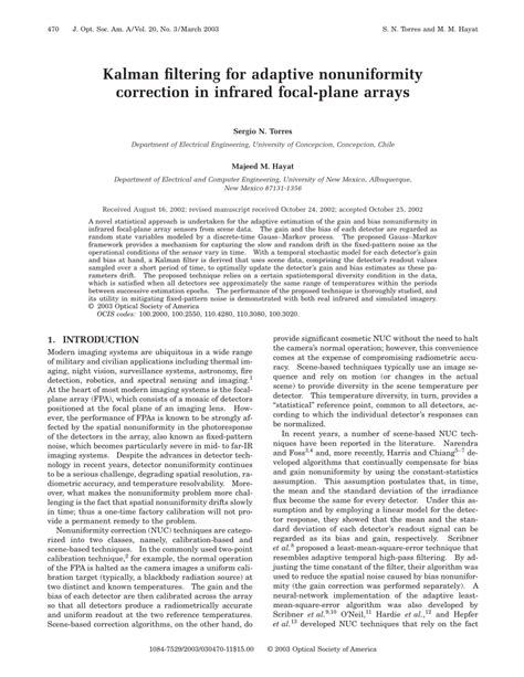 Pdf Kalman Filtering For Adaptive Nonuniformity Correction In Infrared Focal Plane Arrays