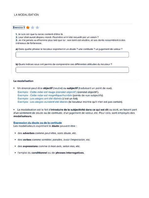 La Modalisation Leçon Et Exercices Pdf