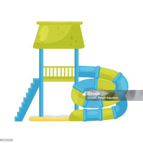 나선형 계단 및 수영장 튜브 물 슬라이드입니다 아쿠아 파크 장비입니다 레크리에이션 및 엔터테인먼트 테마입니다 평면 벡터 디자인 워터 슬라이드에 대한 스톡 벡터 아트 및 기타
