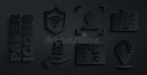 Set System Bug On Monitor Lock In Hand Face Recognition And Shield With Wifi Wireless Icon