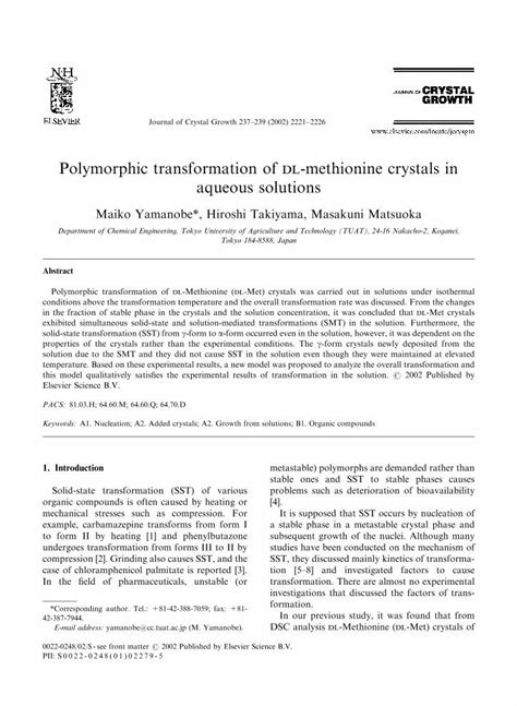 Pdf Polymorphic Transformation Of Dl Methionine Crystals In Aqueous